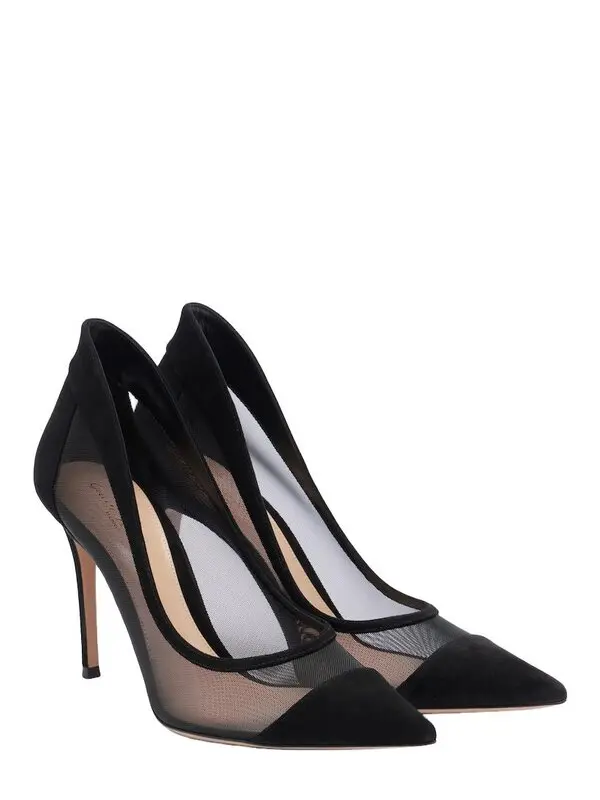 GIANVITO ROSSI Mesh And Suede Pointed Toe Pumps - Black