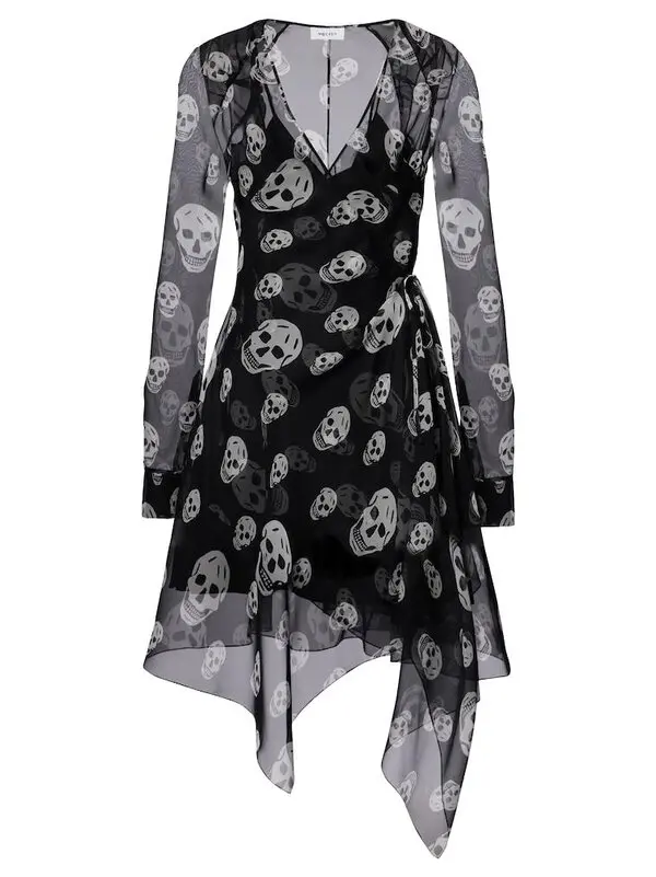 Alexander McQueen Skull Asymmetric Silk Chiffon Wrap Dress - Black