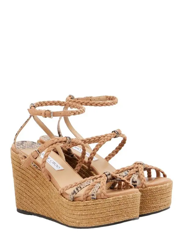 JIMMY CHOO Nyra Braided Leather Espadrille Wedge Sandals - Beige