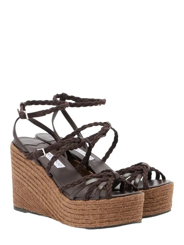 JIMMY CHOO Nyra Braided Leather Espadrille Wedge Sandals - Brown
