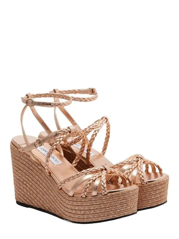 JIMMY CHOO Nyra Braided Leather Espadrille Wedge Sandals - Pink