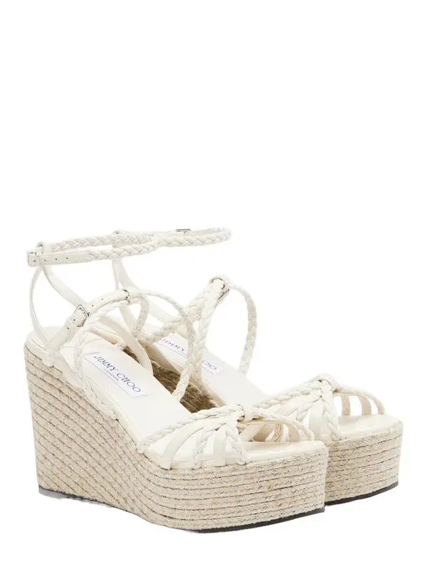 JIMMY CHOO Braided Leather Espadrille Wedges - White