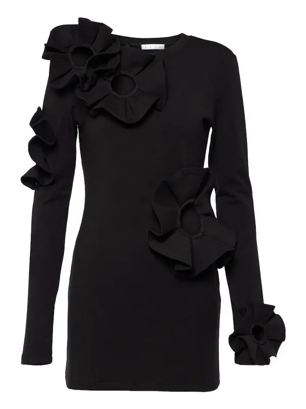 AREA Floral Appliqué Cotton-blend Mini Dress - Black