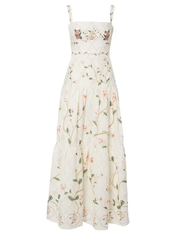 Agua Bendita Floral Embroidered Linen Maxi Dress - White