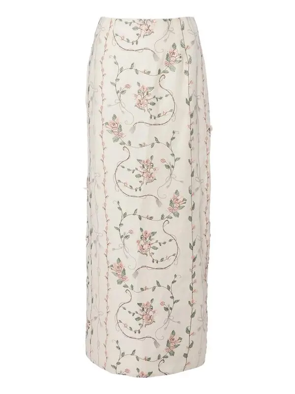 Agua Bendita Floral Embroidered Linen Maxi Skirt - White