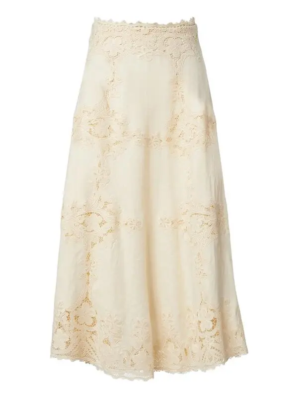 Ulla Johnson Fleur Crochet-Trimmed Linen Midi Skirt