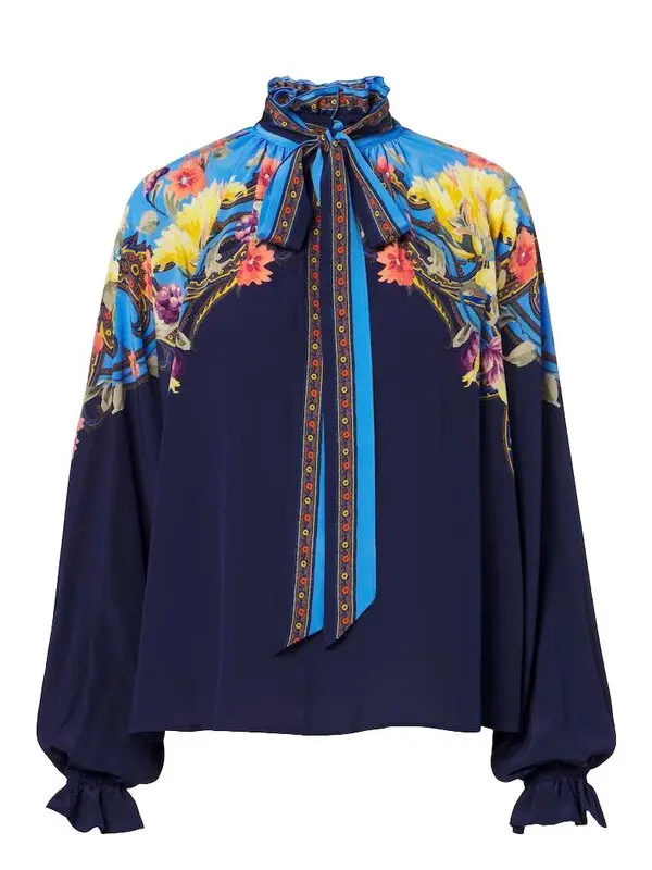 Etro Floral Tie-neck Silk Habotai Blouse - Blue