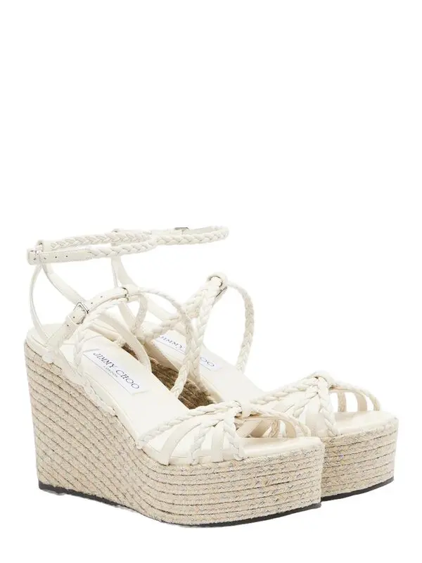 JIMMY CHOO Nyra Braided Leather Espadrille Wedges - White