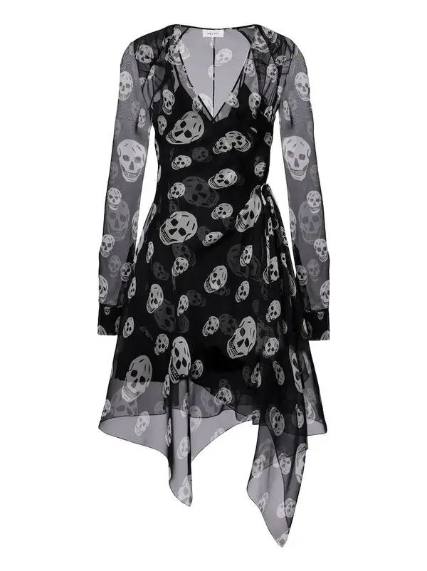 Alexander McQueen Asymmetrical Skull Print Silk Chiffon Wrap Dress - Black