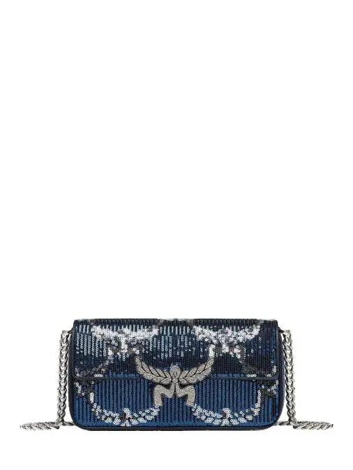 Mcm Himmel Shoulder Bag In Sequin Monogram Leather - Blue