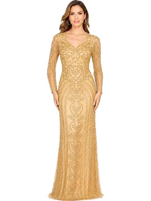 LARA NEW YORK Beaded Faux-wrap V-neck Bridal Gown - Gold