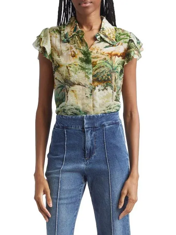 Alice + Olivia Martel Flutter Sleeve Shirt - Terrain Lg