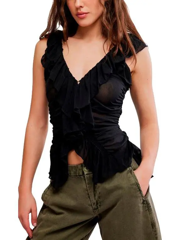 Free People Ruffle Neck Sleeveless Top - Black