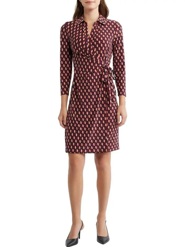 Anne Klein Geo Print Knit Wrap Dress - Rust Multi