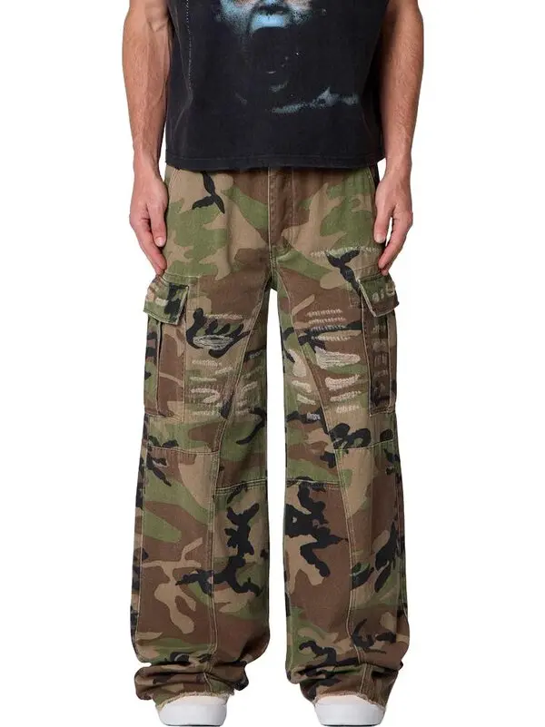 Mnml Distressed Camouflage Wide Leg Cargo Pants - Camo