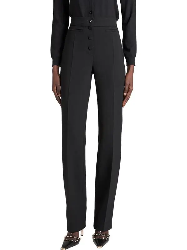 Valentino Garavani High Waist Wool Stretch Crepe Straight Leg Pants - Black