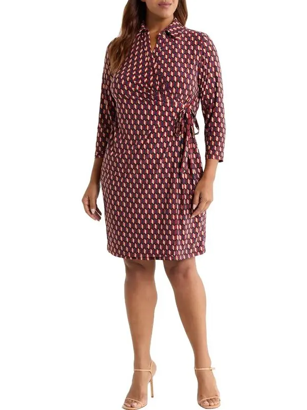 Anne Klein Geo Print Knit Wrap Dress - Rust Multi