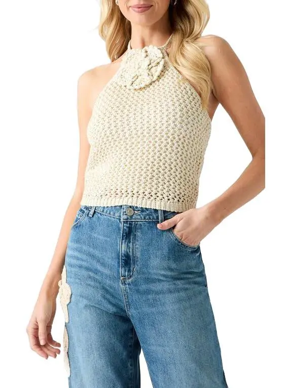 Guess Alicia Crochet Halter Top With Floral Applique - Open Ivory