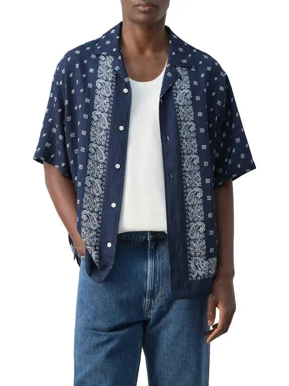 Mango Paisley Bandana Print Camp Shirt - Navy