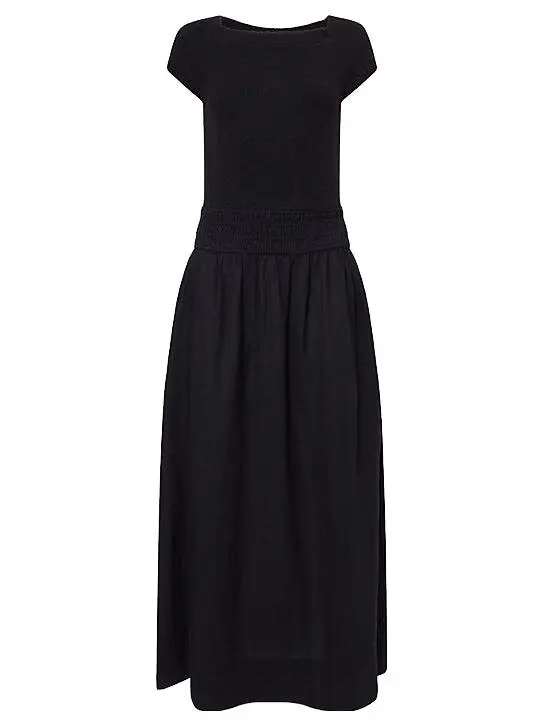 ME+EM Square-collared Contrast-knit And Linen-blend Maxi Dress - Black