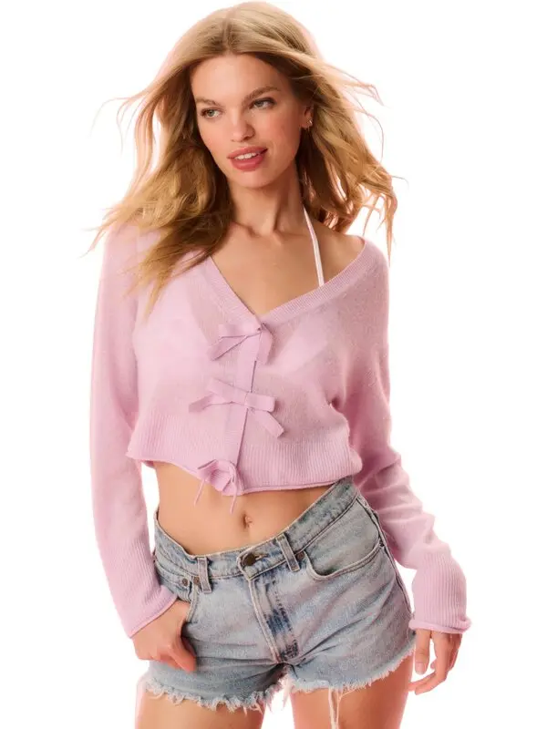 LoveShackFancy Luisella Lightweight Cashmere Cardigan With Bow Detail - Clouded Rose