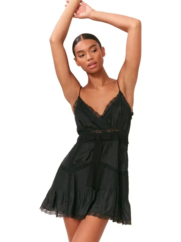 LoveShackFancy Sibelle Silk Mini Dress With Grosgrain Ribbon And Lace Trim - Black