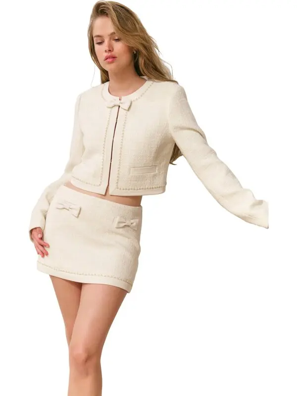 LoveShackFancy Edeness Tweed Mini Pencil Skirt With Bow Accents - Cream