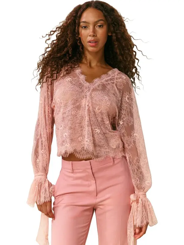 LoveShackFancy Kath Chantilly Lace Blouse With Blouson Sleeves And Ruffled Cuffs - Sandstone