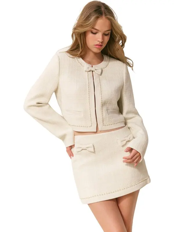 LoveShackFancy Ralphette Cropped Tweed Jacket With Bow Detail - Cream