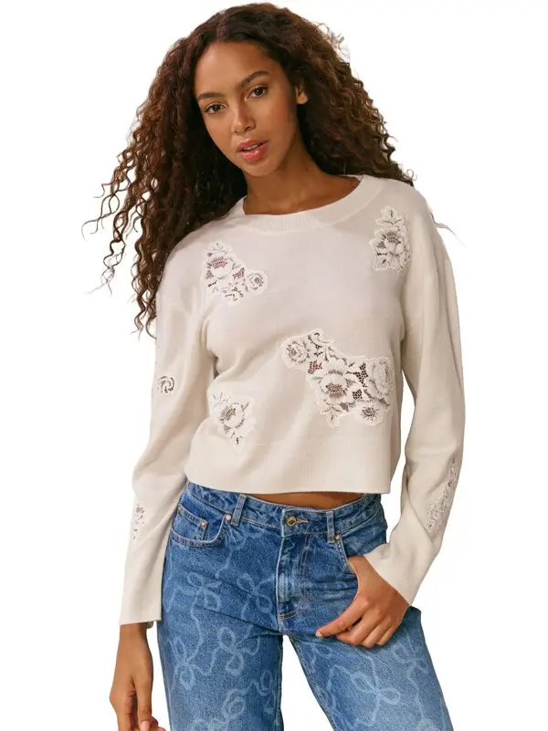 LoveShackFancy Lazuli Cashmere & Lace Pullover Sweater - Ivory