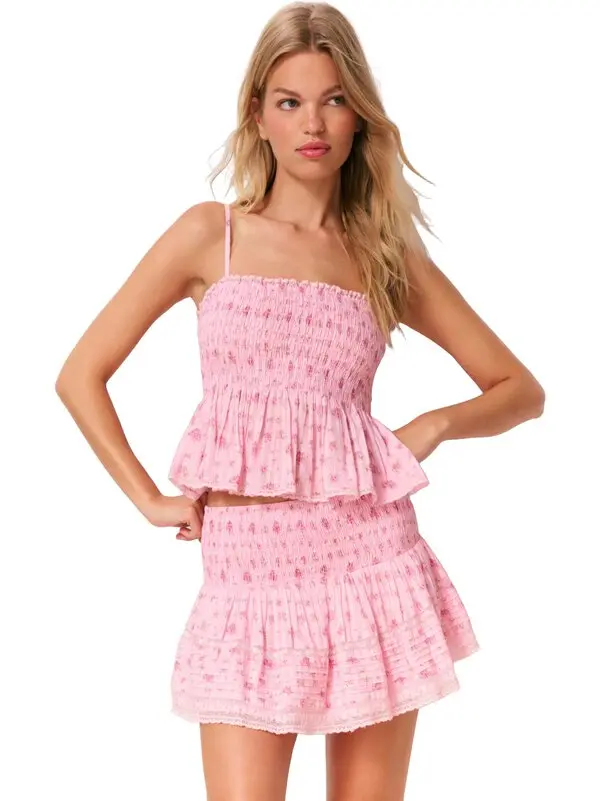 LoveShackFancy Elin Floral Cotton Voile Mini Skirt - Raspberry Fields
