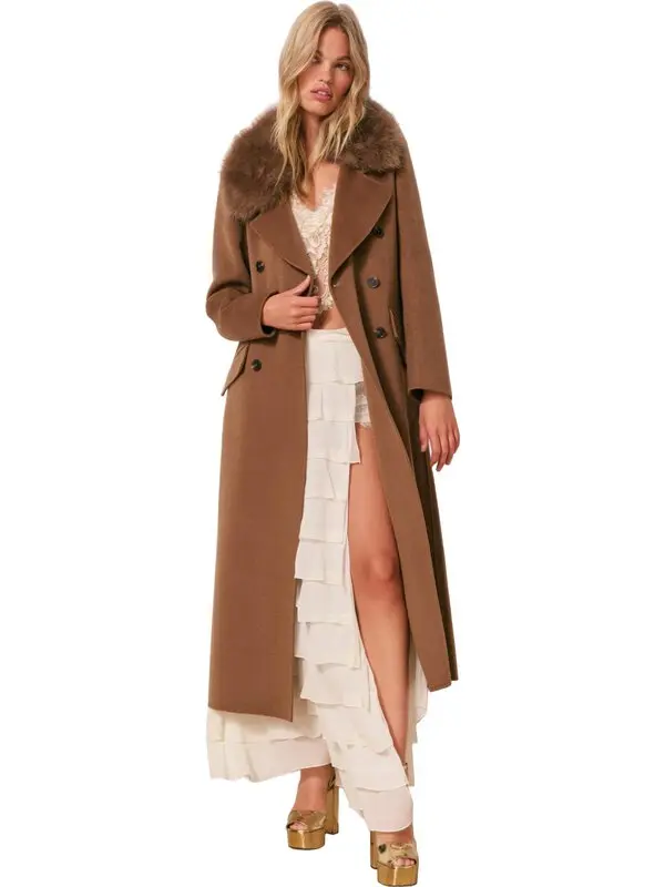 LoveShackFancy Char Faux Fur Collar Wool Coat - Camel