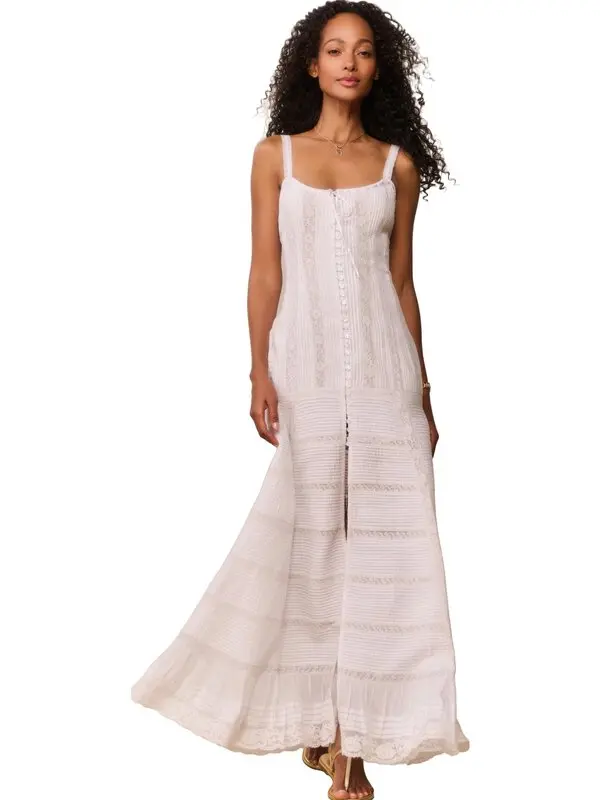 LoveShackFancy Calyx Cotton Maxi Dress With Lace Insets - Lemon Icing