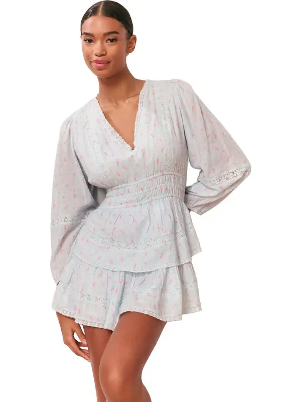 LoveShackFancy Rosamina Cotton Long Sleeve Mini Dress - Cider Sky