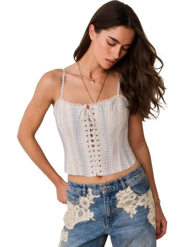 LoveShackFancy Cotton Bustier With Lace Trim And Lace-up Front - Cinched Blue