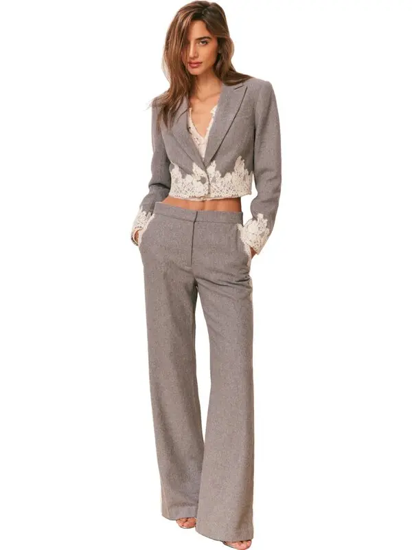 LoveShackFancy Icarus Cropped Lace-trimmed Blazer - Grey Melange