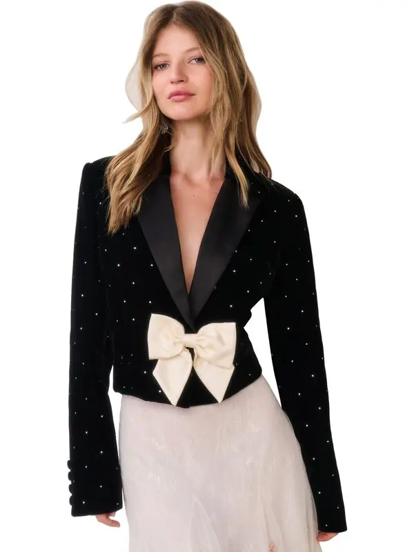 LoveShackFancy Orlisa Cropped Velvet Blazer With Crystals And Bow Detail - Black