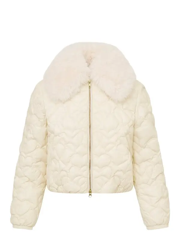 LoveShackFancy Sandria Heart-quilted Puffer Jacket With Detachable Fur Collar - Cream