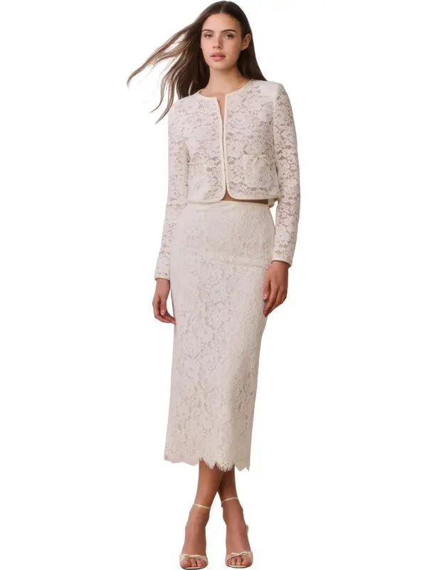 LoveShackFancy Ilse Lace Midi Pencil Skirt - Ivory