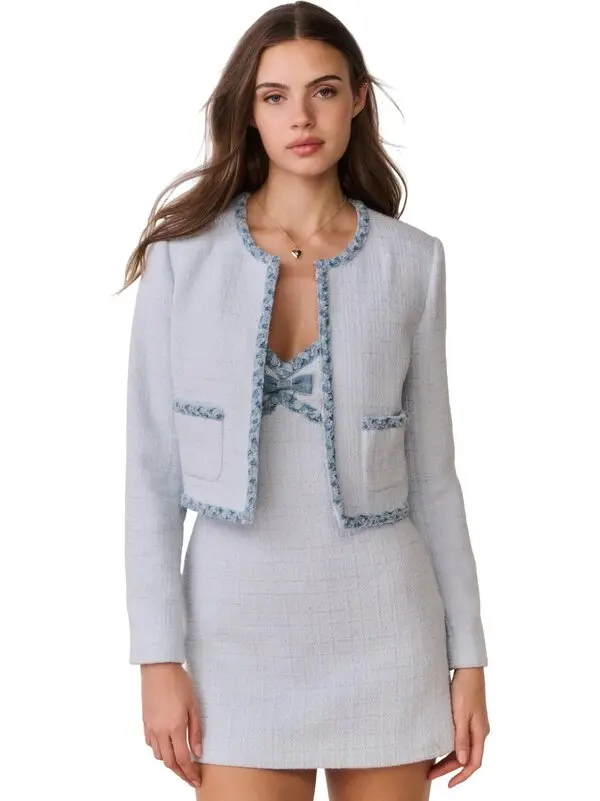 LoveShackFancy Azula Cropped Tweed Jacket With Denim Trim - Wild River