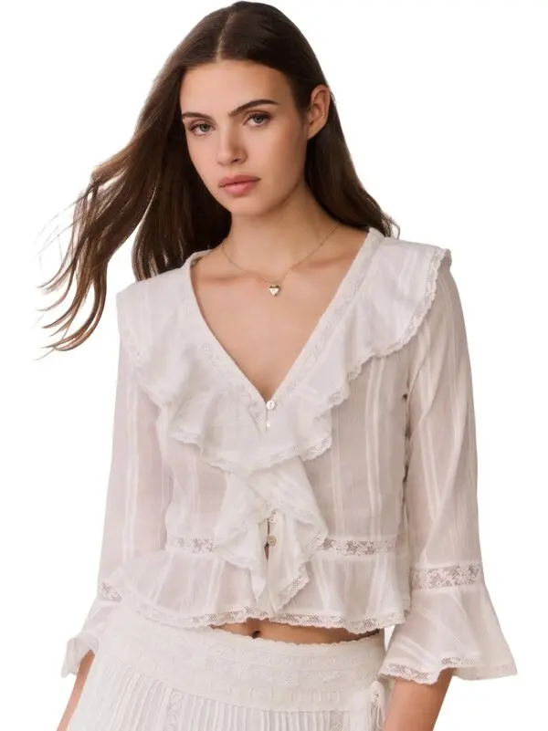LoveShackFancy Olenna Cotton Victorian Lace Ruffle Blouse - White