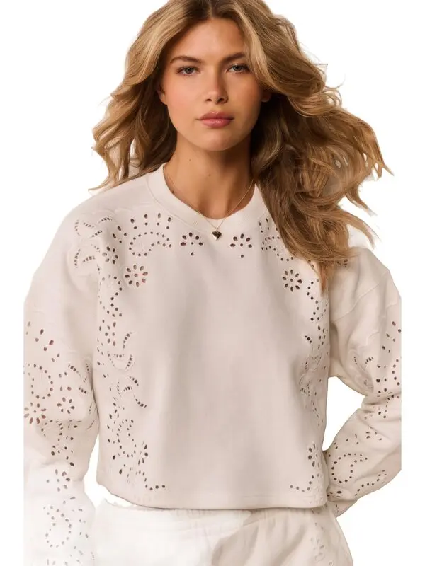 LoveShackFancy Lalo Bandana Eyelet Fleece Pullover - True White