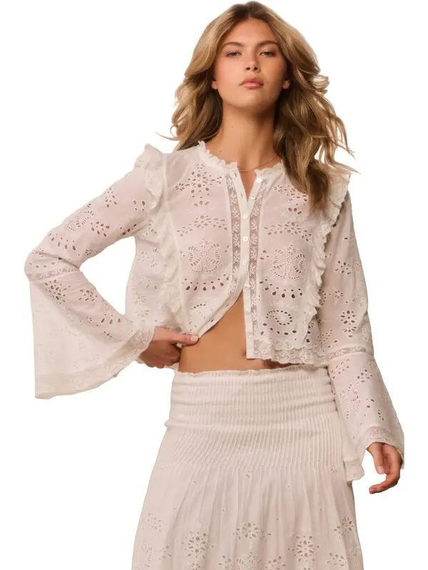 LoveShackFancy Cotton Eyelet Bell Sleeve Cropped Blouse - White