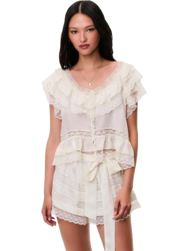 LoveShackFancy Persine Silk Ruffle Top - Ivory