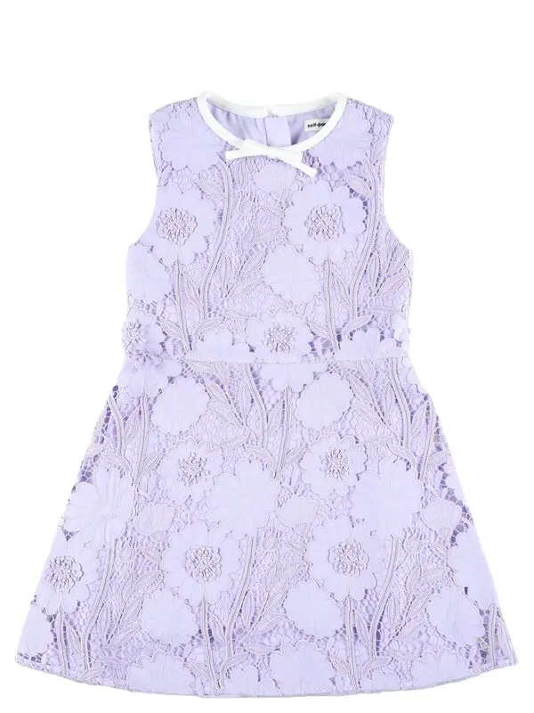 SELF-PORTRAIT Floral Guipure Lace Mini Dress With Contrast Neckline Bow - Viola