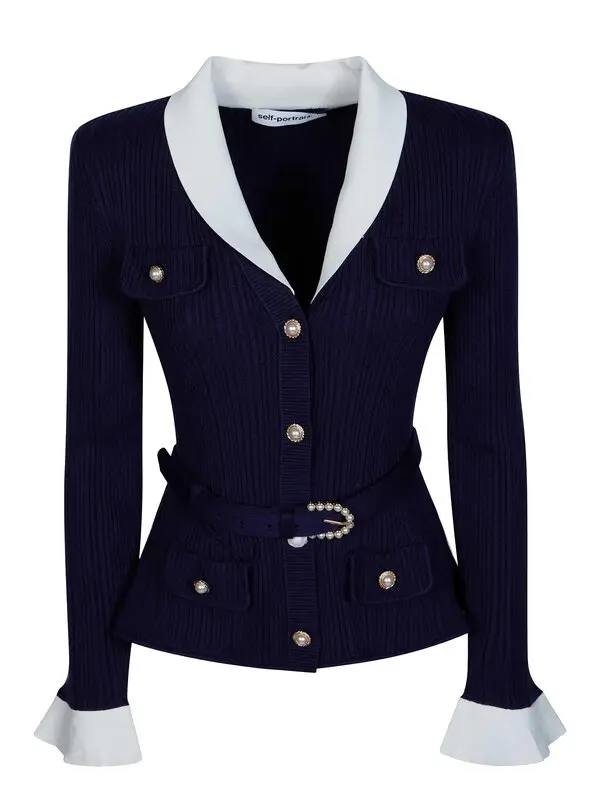 SELF-PORTRAIT Ribbed Knit Cardigan With Belted Waist - Blu