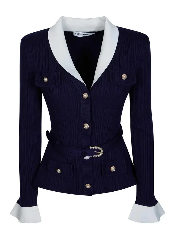 SELF-PORTRAIT Ribbed Knit Cardigan With Belted Waist - Blu