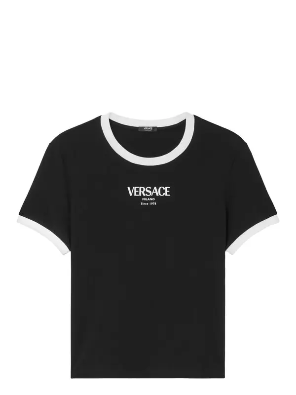 Versace Logo Motif Short-sleeve Crewneck Top With Ribbed Trims - Nero