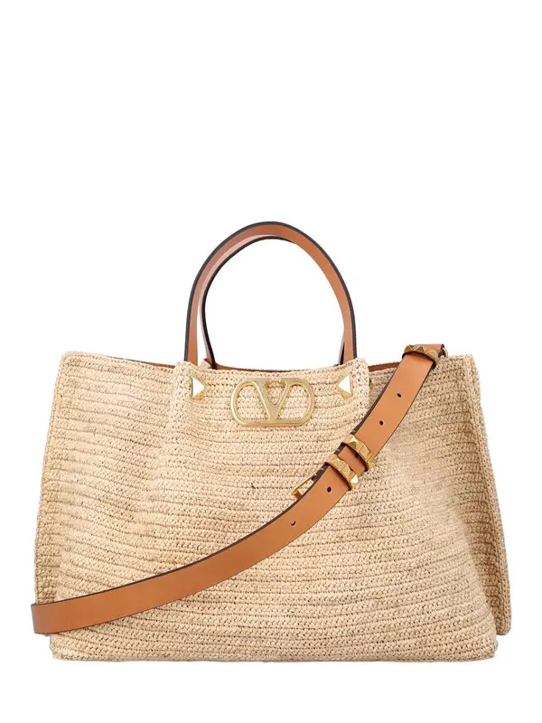 Valentino Garavani Mini Raffia Shopping Handbag With Metallic Vlogo Signature And Adjustable Strap - Beige