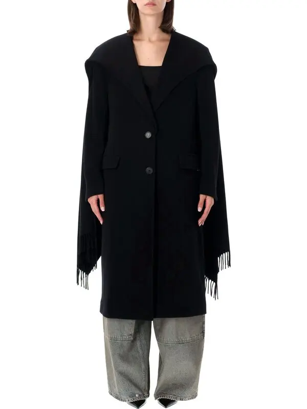 Attico Long Wool-blend Coat With Fringed Scarf - Nero